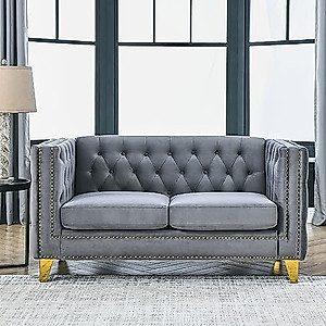 Melpomene Velvet 58" Upholstered Button Tufted Loveseat Sofa with Metal Legs, Chesterfield Sofa 2 Seat Sofa with Nailhead Trim,Grey