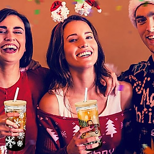 Tioncy 8 Sets Christmas Cups 24 oz Christmas Mason Jars with Lid and Straw Christmas Tumbler Drinking Glasses Coffee Cups Glassware Water Bottles Xmas Gift for Women Kids Men(Stylish)