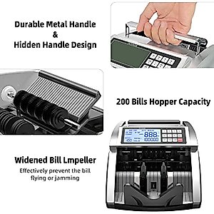 Money Counter Machine PONNOR with Value Count, Dollar, Euro with UV/MG/IR/DD/DBL/HLF/CHN Counterfeit Detection, Bill Cash Counting, Large LCD Display