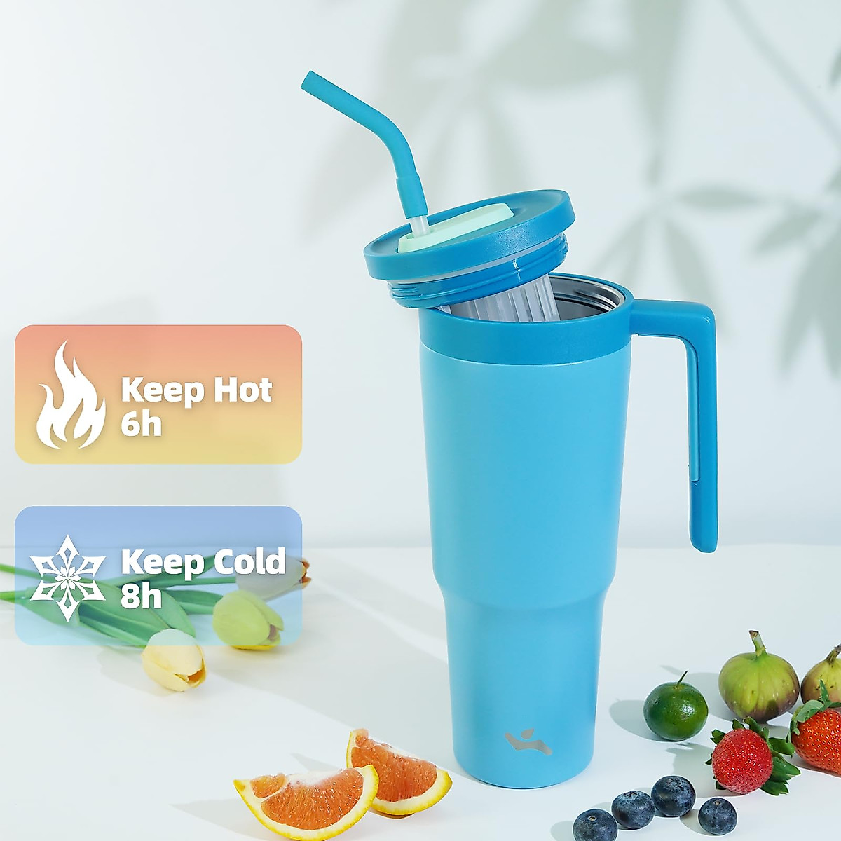 Konokyo Insulated Tumbler with Handle and Straw,40 OZ Vacuum Stainless Steel Water Bottle Travel Mug Metal Cup with Fruit Diffuser,Dark Blue