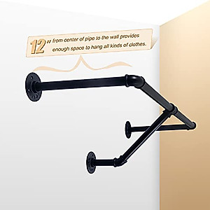 HouseAid 48 Inch Industrial Pipe Clothes Rack, Farmhouse Iron Garment Rack, Vintage Style Hanging Rod for Closet, Wall Mounted, Matte Black (Hooks Included)