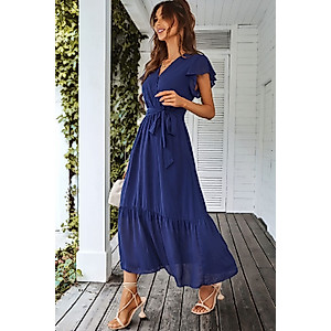 PRETTYGARDEN Women's 2024 Floral Boho Dress Wrap V Neck Short Sleeve Belted Ruffle Hem A-Line Flowy Maxi Dresses (Solid Blue,X-Large)