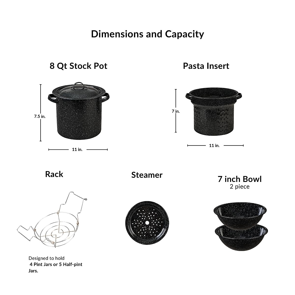 Granite Ware 3 -in-1 Stock Pot - Enameled Steel Pot Ideal for Pasta, Tamales & Canning - Speckled Black Multi Use Pot Set (8 Quarts)