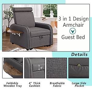 IPKIG Convertible Chair Sleeper Bed, Pull Out Sleeper Chair Armchair Bed with Foldable Wooden Tray, Linen Fabric and Wooden Frame Armchair for Small Space Living Room (Dark Grey)
