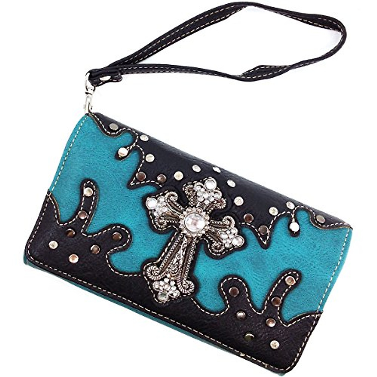Justin West Cross Studs Concealed Carry Shoulder Handbag Tote Purse Crossbody Wallet (Blue Handbag and Wallet)