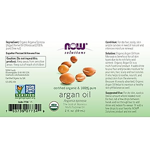 NOW Foods Solutions, Organic Argan Oil, Certified Organic and 100% Pure, "Gold of Morocco" Multi-Purpose Oil, 2-Ounce