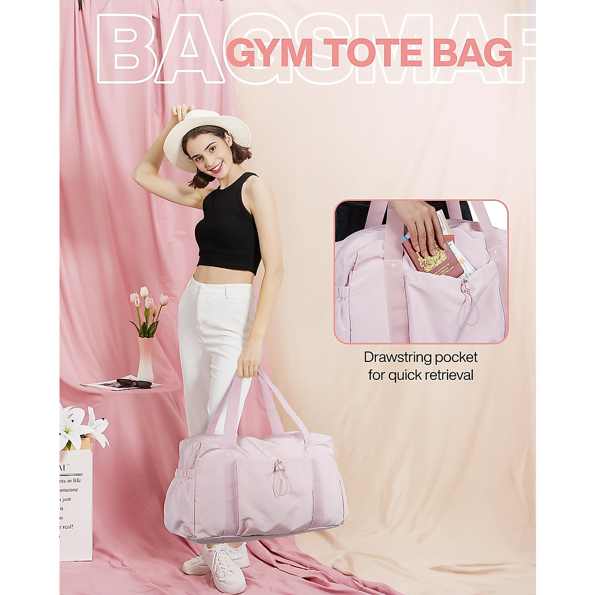 BAGSMART Foldable Travel Duffle Bag For Women, Gym Tote Bag for Sports, 26L Airport Carry On Weekender Overnight Bag for Travel, Travel Accessories(Baby Pink)