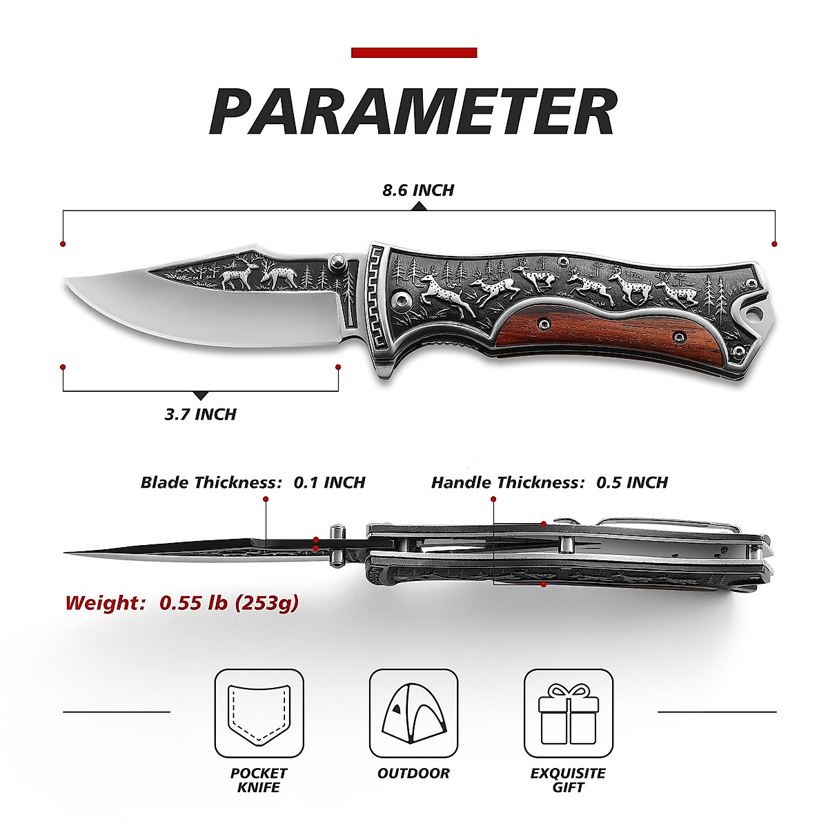 ohmonlyhoo Folding Knife,3.7 inch Pocket Knife with Deer Pattern Rosewood Handle,EDC Knife with Pocket Clip and 7Cr13Mov Blade, for Men and Women, for Outdoor