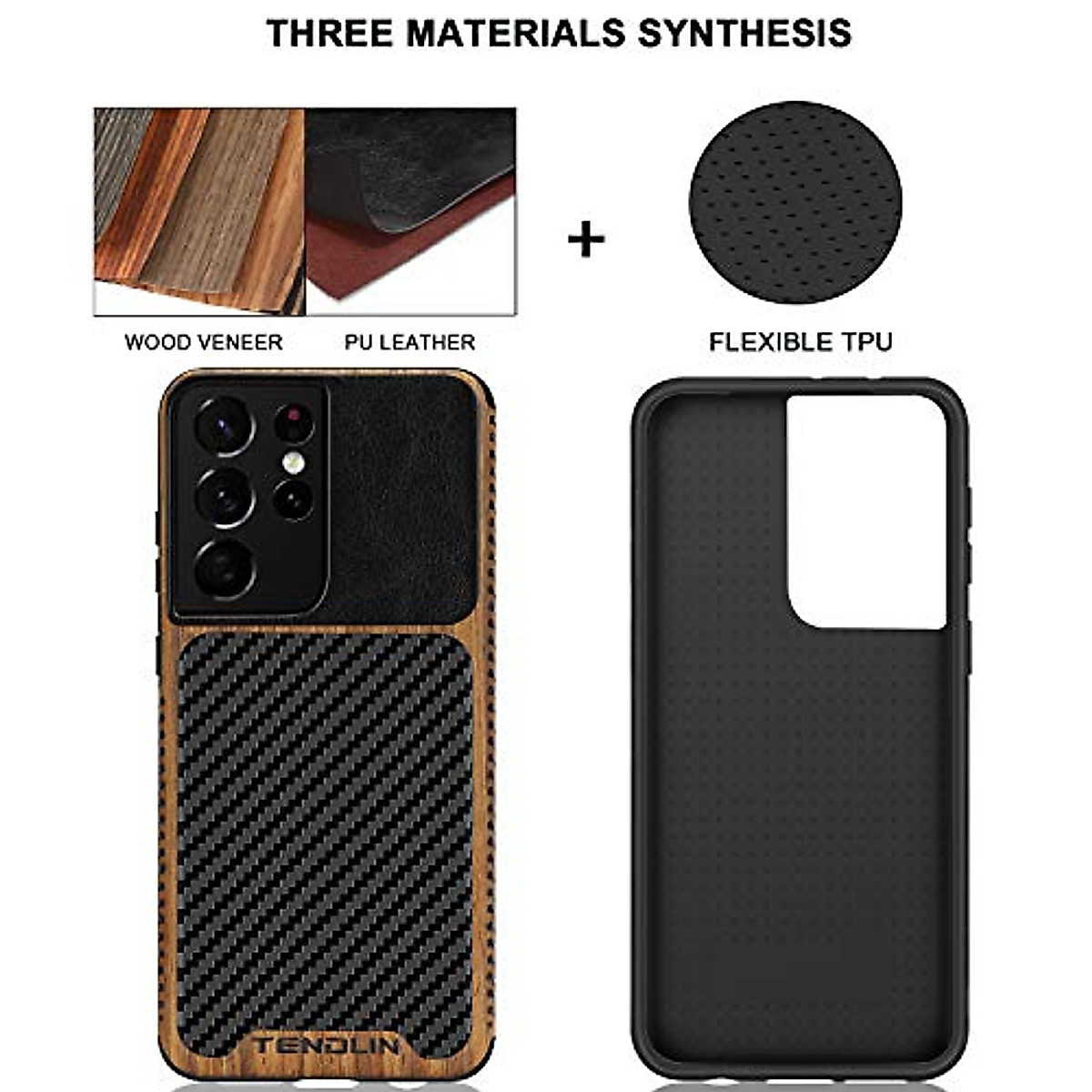 TENDLIN Compatible with Samsung Galaxy S21 Ultra Case Wood Grain with Carbon Fiber Texture Design Leather Hybrid Case (Black)