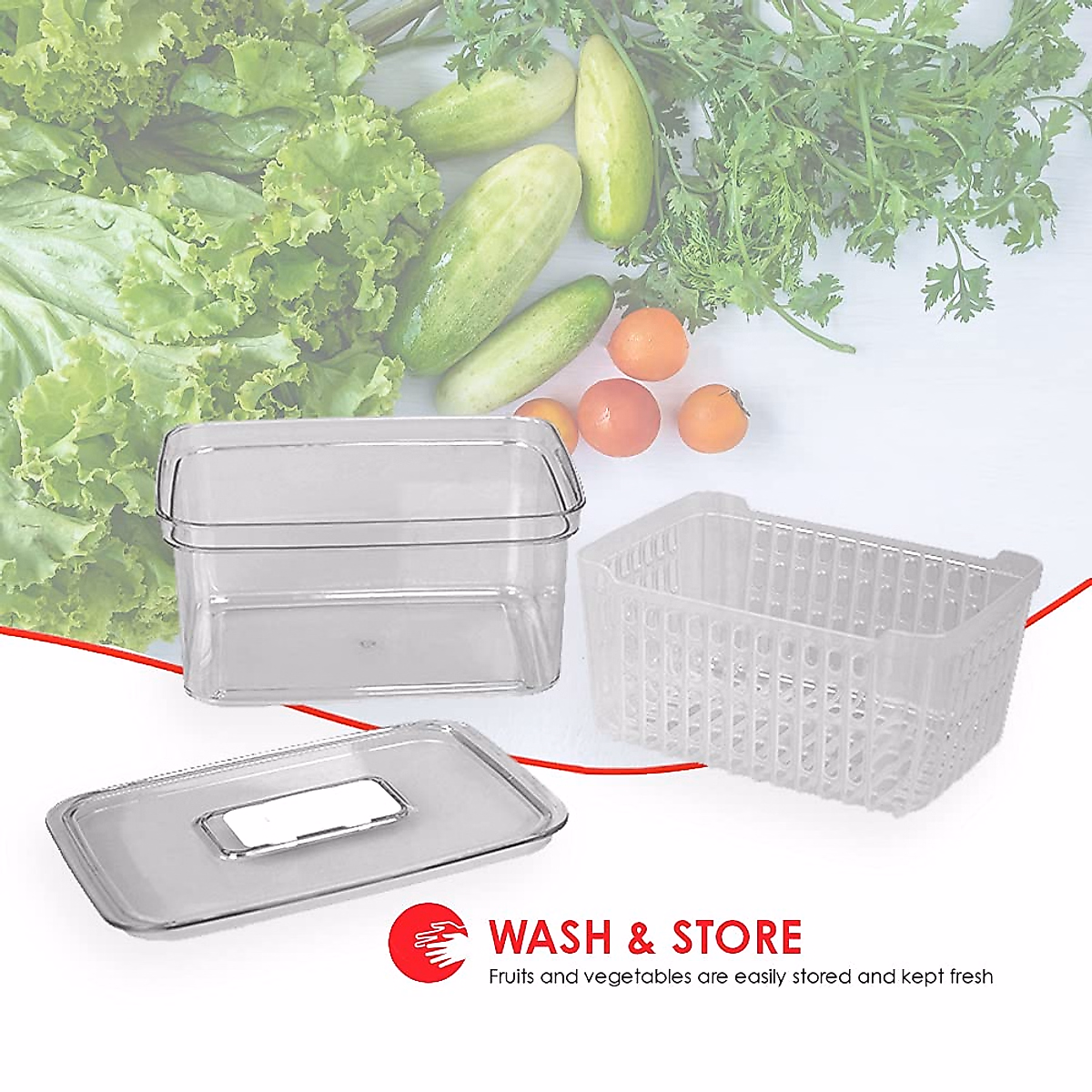 Home Basics Clear Fruit and Vegetable Fridge Storage Container Small Produce Saver with Lid and Removable Colander | Adjustable Air Vent on Lid
