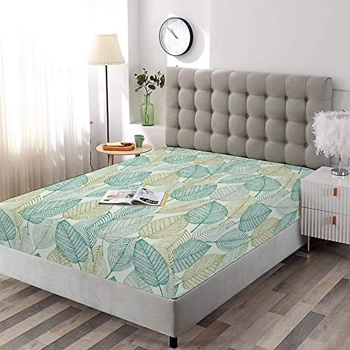 Decorative Bedding Sheet Set Queen Size, Leaves Deep Pockets Fitted Sheet & 2 Pillow Sham Set, Modern Leaf Forms Geometric Lines Shape Print Microfiber 3pc Bed Sheets Set, for Boys & Girls Bedding