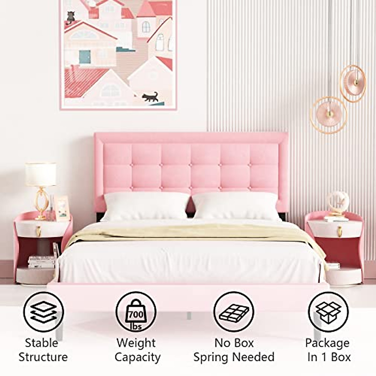 Lijimei Full Size Bed Frame with Button Tufted Headboard, Platform Upholstered in Velvet Fabric,Mattress Foundation with Wooden Slats Support, Easy Assembly, No Box Spring Needed, Pink Velvet