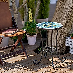 VONLUCE Patio Side Table and Plant Stand, 21" End Table with 14" Ceramic Tile Top for Porch Garden Decor, Indoor and Outdoor Mosaic Table, Living Room Bedroom Balcony Furniture for Home Garden, French