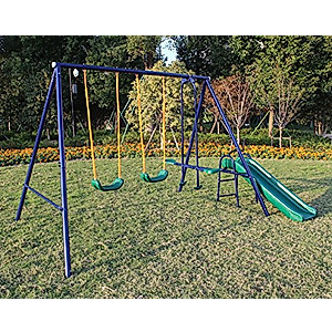 WIIS' IDEA Metal Swing Set for Backyard, Swing Set for Kids Toddler Age 3-8, Outdoor Heavy Duty Extra Large Swing Set with 2 Swing Adjustable Swing Seat, 1 Swing Glider, 1 Slide