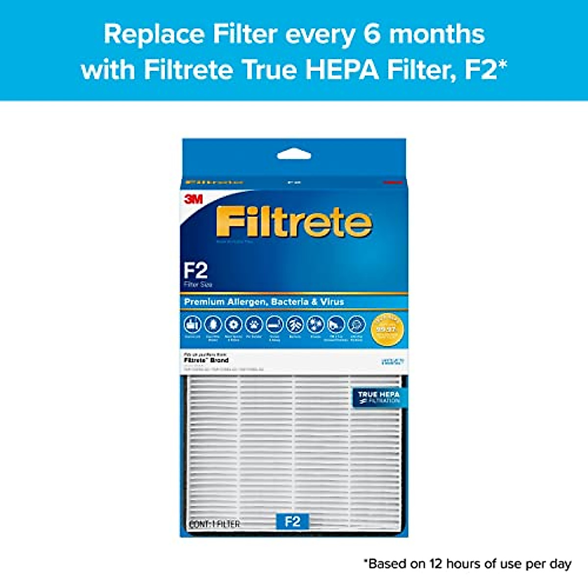 Filtrete F2 Room Air Purifier Filter, True HEPA Premium Allergen, Bacteria, and Virus, 13 in. x 8.2 in., 2-Pack, works with devices: FAP-C02WA-G2, FAP-C03BA-G2, FAP-T03BA-G2 and FAP-SC02N