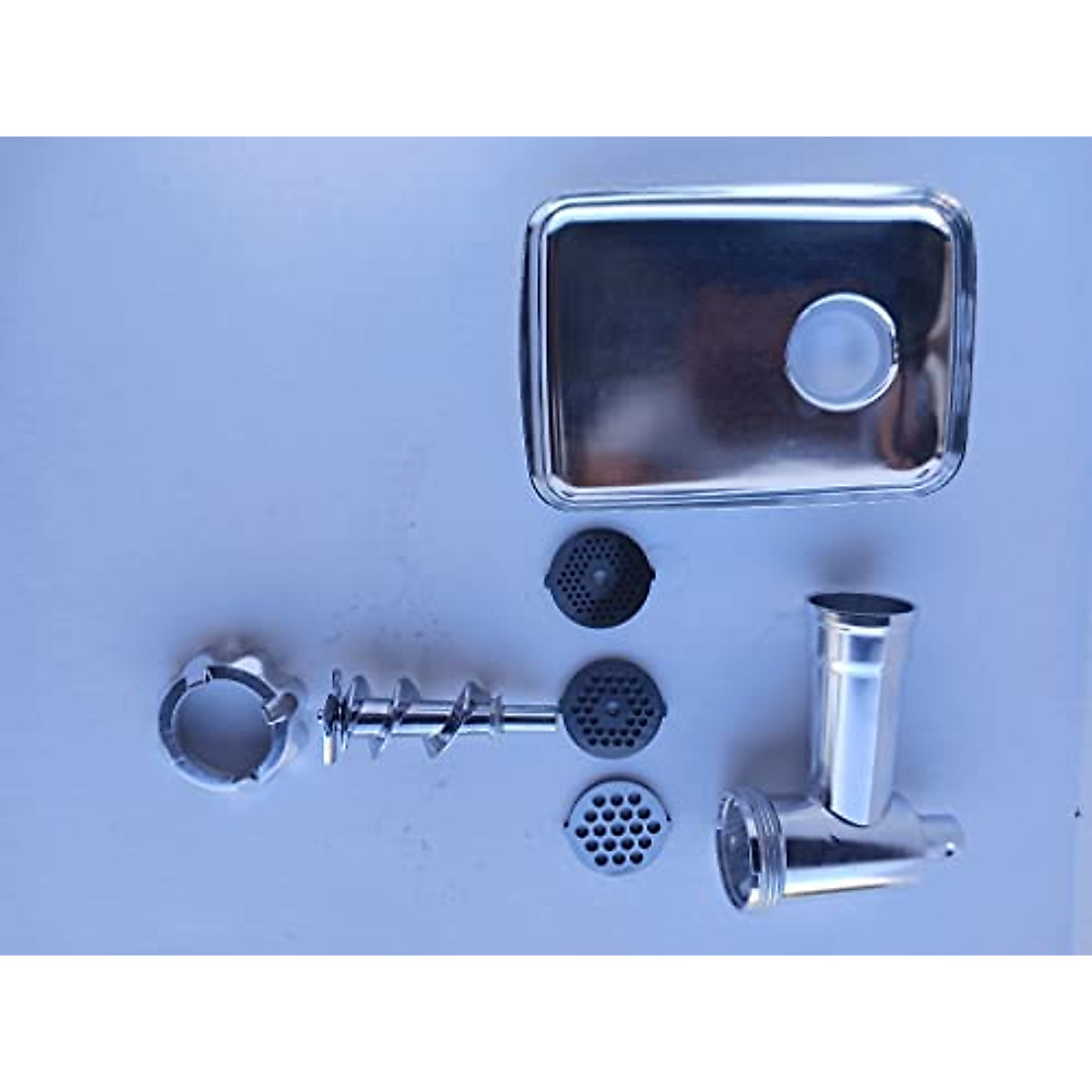 Meat Grinder attachments with feed tray, chute, and blade, Silver, 15x7