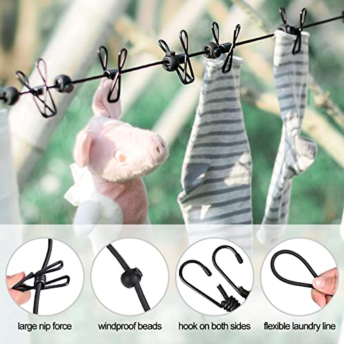 FYY Clothesline, Portable Elastic Travel Camping Clothes line with 12 Black Clips, Retractable Laundry Drying line for Home, Backyard, Hotel, Outdoor and Indoor Use (Black)