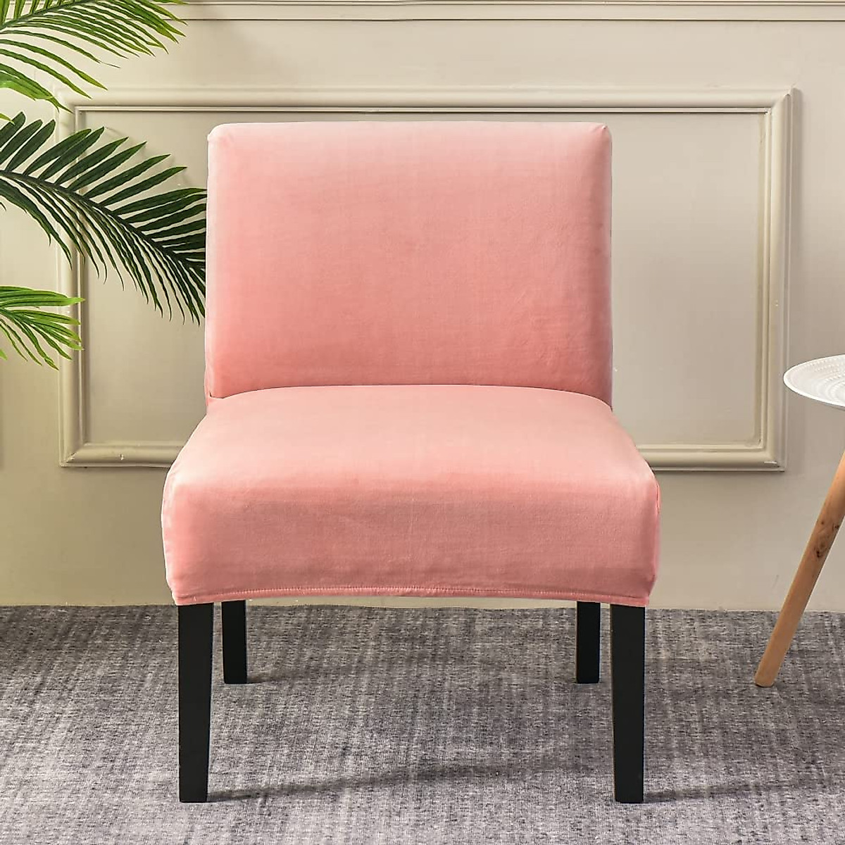 JIAN YA NA Armless Accent Chair Cover, Stretch Armless Chair Slipcover Velvet Armless Chair Covers Slipper Chair Slipcover Furniture Protector Covers for Living Room Bedroom(Velvet, Pink)