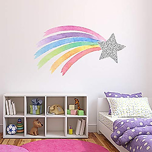 Shooting Star Rainbow Wall Decal Pastel Watercolor Unicorn Nursery Girls Bedroom Decor Silver Star & Rainbow Wall Decor ND04 (40"W x 22"H inches)