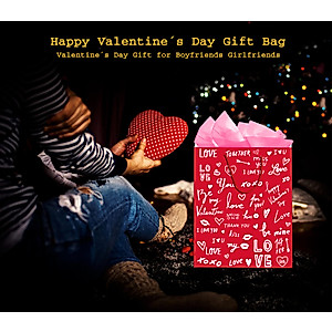 FaCraft Valentines Gift Bags with Handle,Large Happy Valentines Day Gift Bags with Tissue Paper for Her Him Girlfriend Boyfriend,Red Valentine Paper Gift Bag for Valentine's Day Anniversary Wedding