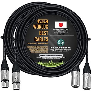 WORLDS BEST CABLES 2 Units - 50 Foot - Balanced Microphone Cable Custom Made Using Mogami 2549 (Black) Wire and Neutrik NC3MXX & NC3FXX Silver XLR Plugs