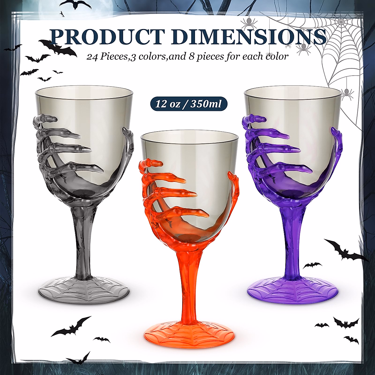 Dandat 24 Pcs Halloween Skeleton Hand Goblets 12oz Plastic Halloween Cups Skull Wine Glass Set Clear Skeleton Wine Glass for Creepy Spooky Halloween Party Decorations(Black, Purple, Orange, Gray)
