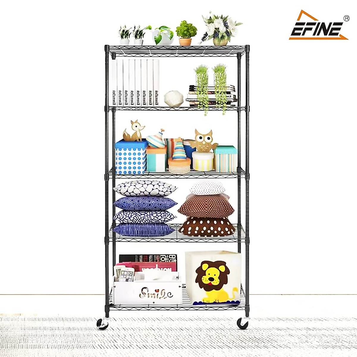 EFINE 5-Shelf Shelving Units and Storage on Wheels with Shelf Liners Set of 5, NSF Certified, Adjustable Carbon Steel Wire Rack for Garage, Kitchen, Office(63H X 30W X 14D)