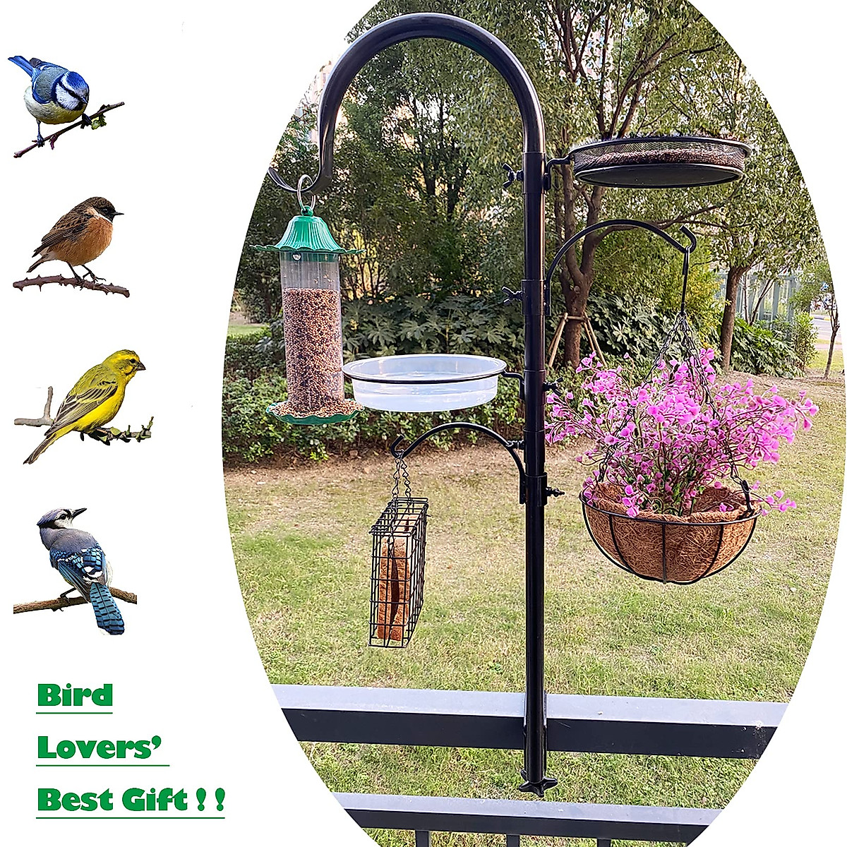 CQAIRIOU Upgraded Bird Feeding Station Kit,Deck Railing Bird Feeder Pole with 3 Hooks,Bird Bath,Mesh Tray and Suet Cage,Multi-Design Style,Used for Balcony Bird Feeder&Plant Hanger