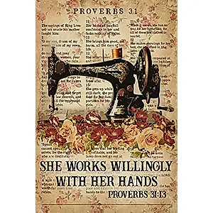 Sewing She Works Willingly with Her Hands Poster Vintage Metal Sign for Wall Poster for Home Kitchen Bar Coffee Shop 8x12inch