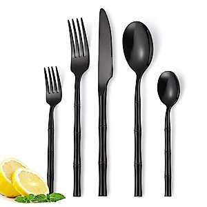 60 Piece Bamboo Shaped Flatware Set Service for 12, 18/10 Stainless Steel Black Bamboo Handle Silverware Cutlery Set For Home Kitchen Hotel Utensils, Mirror Polished, Dishwasher Safe