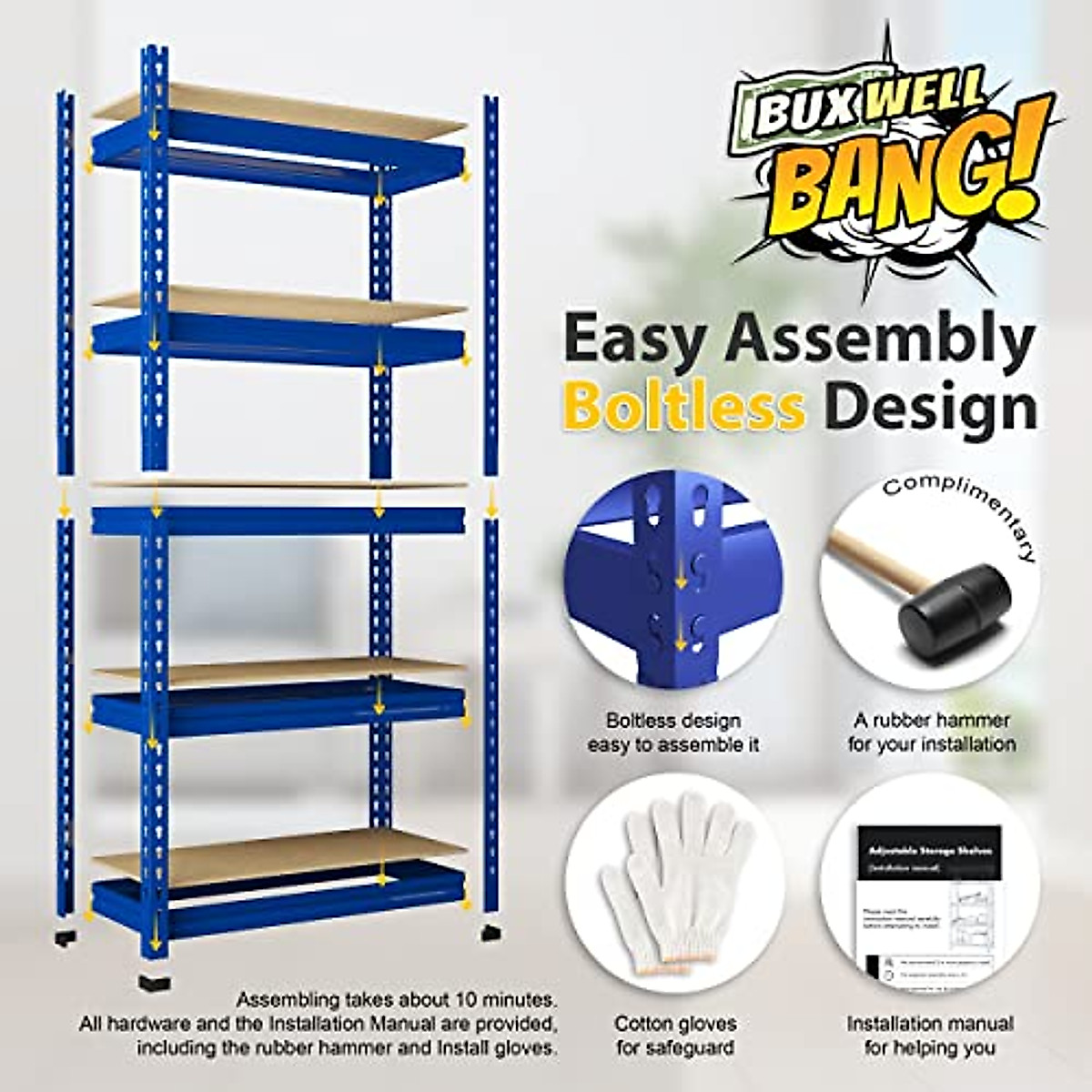 BuxWellBang 5-Shelf Heavy Duty Shelving - Adjustable Garage Storage Shelves, Metal Utility Storage Racks for Warehouse Pantry Basement Kitchen, Utility Shelves,Blue