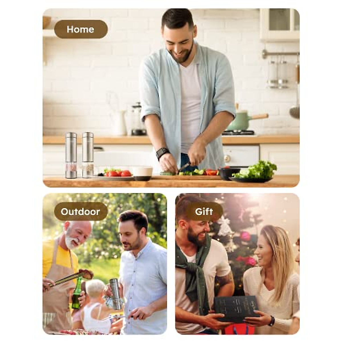 Sangcon Electric Salt and Pepper Grinder Set - USB Rechargeable - Automatic Black Pepper & Sea Salt Spice Mill - Adjustable Coarseness - One Hand Operation - LED Light Refillable - Metallic Gunmetal