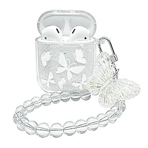 Srddty Compatible with AirPods Case Cute Clear Glitter, Shockproof Soft TPU Protective Airpod Case Cover for Girls Women with Keychain Designed for AirPods 1st & 2nd Generation, Butterfly
