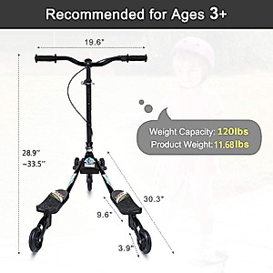 AODI Swing Scooter for Kids, 3 Wheels Foldable Wiggle Scooter Push Drifting with Adjustable & 2 Rear LED Wheels Kicks Scooter for Boys and Girls Ages 3-8