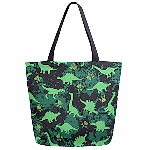 ZzWwR Stylish Green Dinosaurs Footprint PatternExtra Large Canvas Market Beach Travel Reusable Grocery Shopping Tote Bag Portable Storage HandBags
