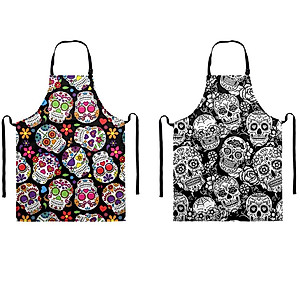 Tovip Sugar Skull 2Pcs Flower Apron Women Men Colorful Skull Cotton Linen Aprons for Kitchen Home Cooking Baking Cleaning Accessories 26.8 x 21.7 inch