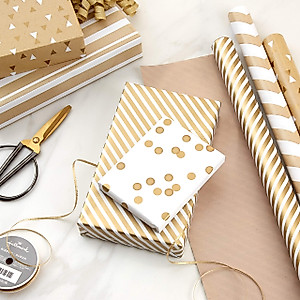 Hallmark Reversible Wrapping Paper Bundle (6 Rolls: 150 Square Feet Total) Stripes, Chevron, Solid, Black & White, Gold, Green, Orange, Blue for Birthdays, Holidays, Any Occasion