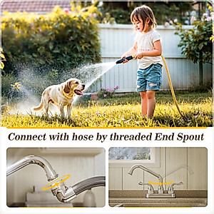 Phiestina Centerset 4-Inch 2 or 3 Hole Chrome Utility Sink/Laundry Faucet, with Rotatable Swivel 360° Spout and Threaded End, with Water Supply Line, BF025-7-C