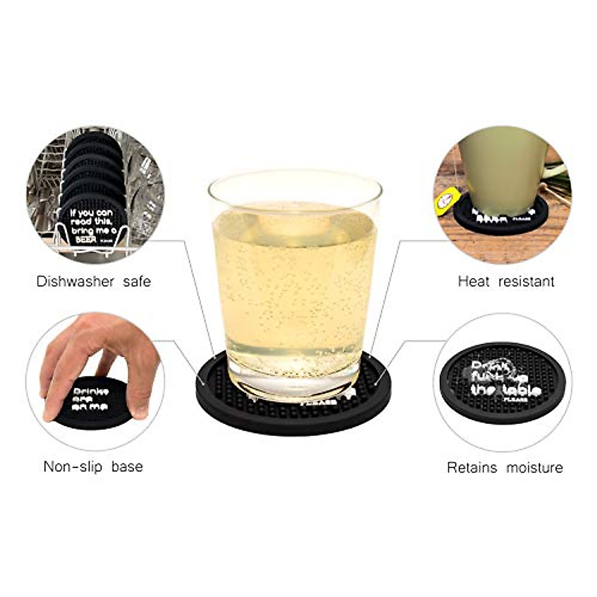 CAPLORD Table Coasters for Drinks Absorbent Coasters Non Slip Black Silicone Cute Coffee Drink Coaster Set of 6 Pack Outdoor Coasters for Coffee Table, Glow in The Dark Costers, Man Cave Gifts