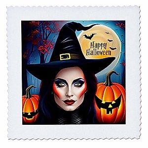 3dRose Stunning Witch Beauty, Jack-o-Lanterns. Happy Halloween... - Quilt Squares (qs-378875-2)