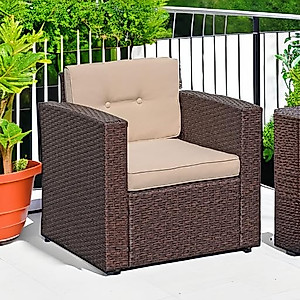 Super Patio PE Wicker Outdoor Sofa, Rattan Patio Chair, Single Armchair with Beige Cushion, Additional Seat for Outdoor Furniture Set, Sectional Sofa, Porch, Garden, Backyard, Espresso Brown