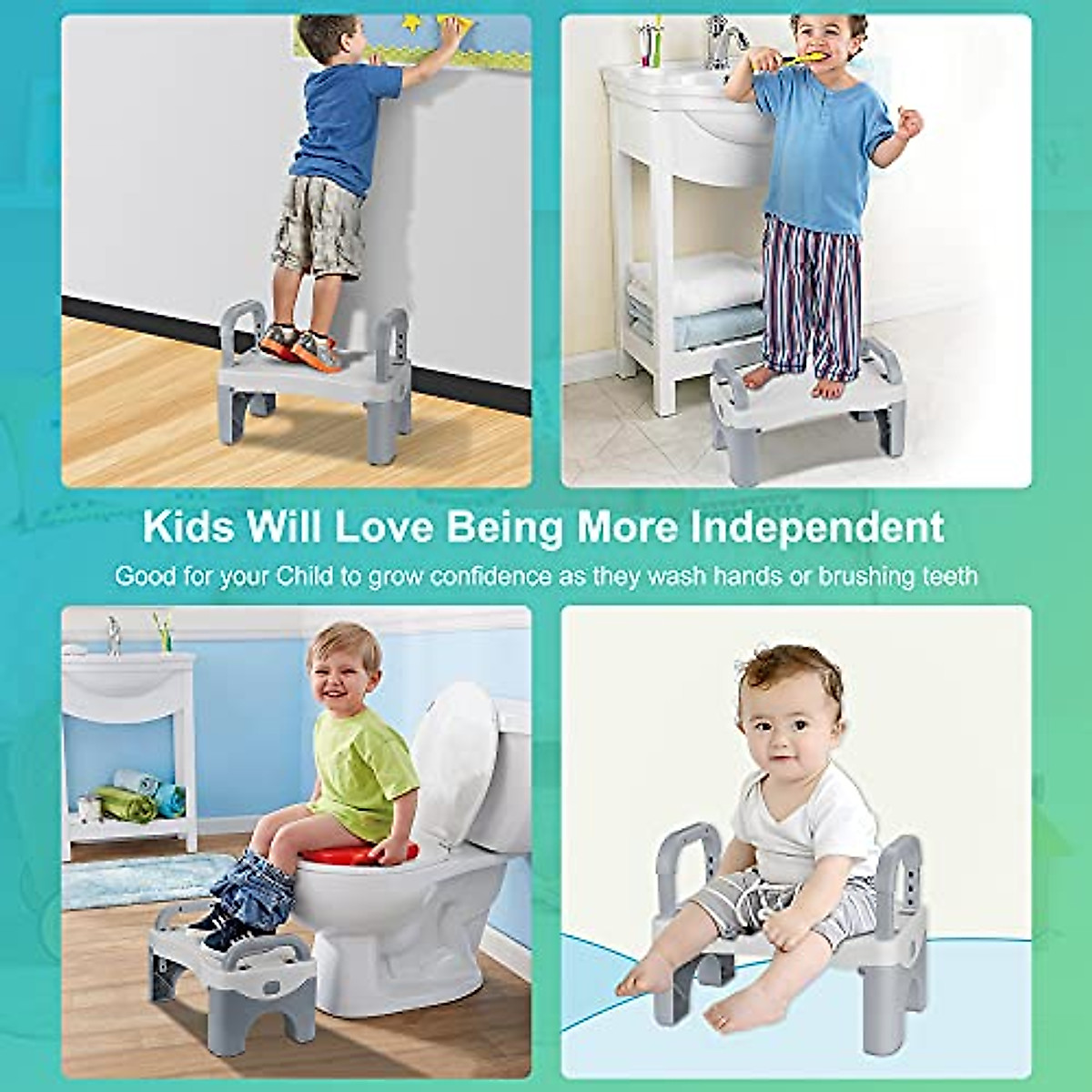 Welspo Folding Step Stool for Kids, Toddler Step Stool with Handle for Bathroom Sink,Toilet, Plastic Child Step Stool with Faucet Extender Non-Slip for Boys and Girls, Gray