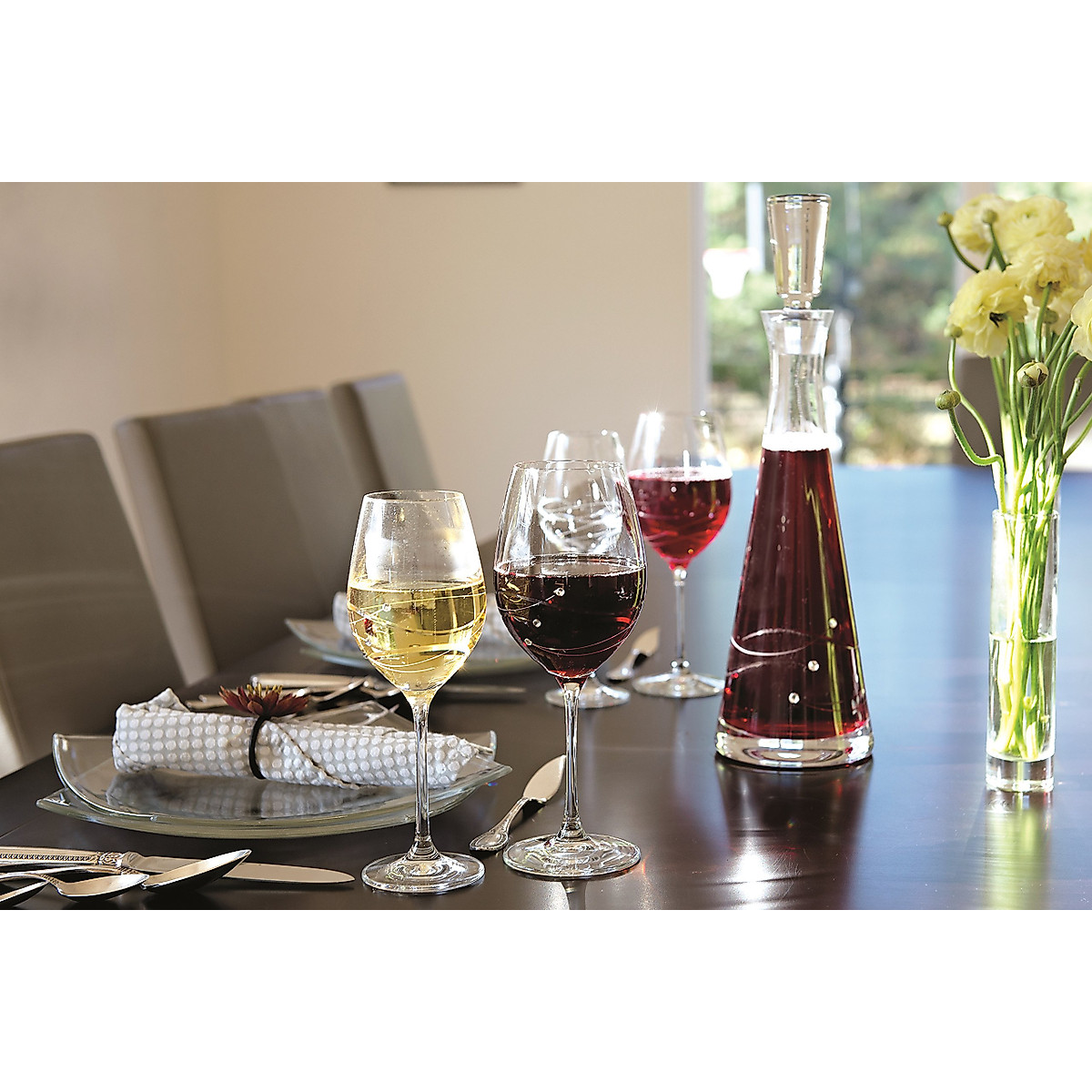 Barski - Handmade Glass - Set of 4 White Wine Glasses with Empty Space in the Center to Fit Your Own Bottle of Wine - Decorated with Real Swarovski Diamonds - Gift Boxed - 12.5 oz.- Made in Europe