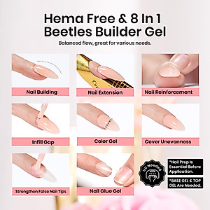 Beetles Builder Gel 6 Colors, 8 in 1 Strengthener Jelly Gel Time to Relax Sheer Peach Clear Builder Nude Pink Skin Tone for All Hard Gel Extension Base Nail Gel False Nail Tips Glue