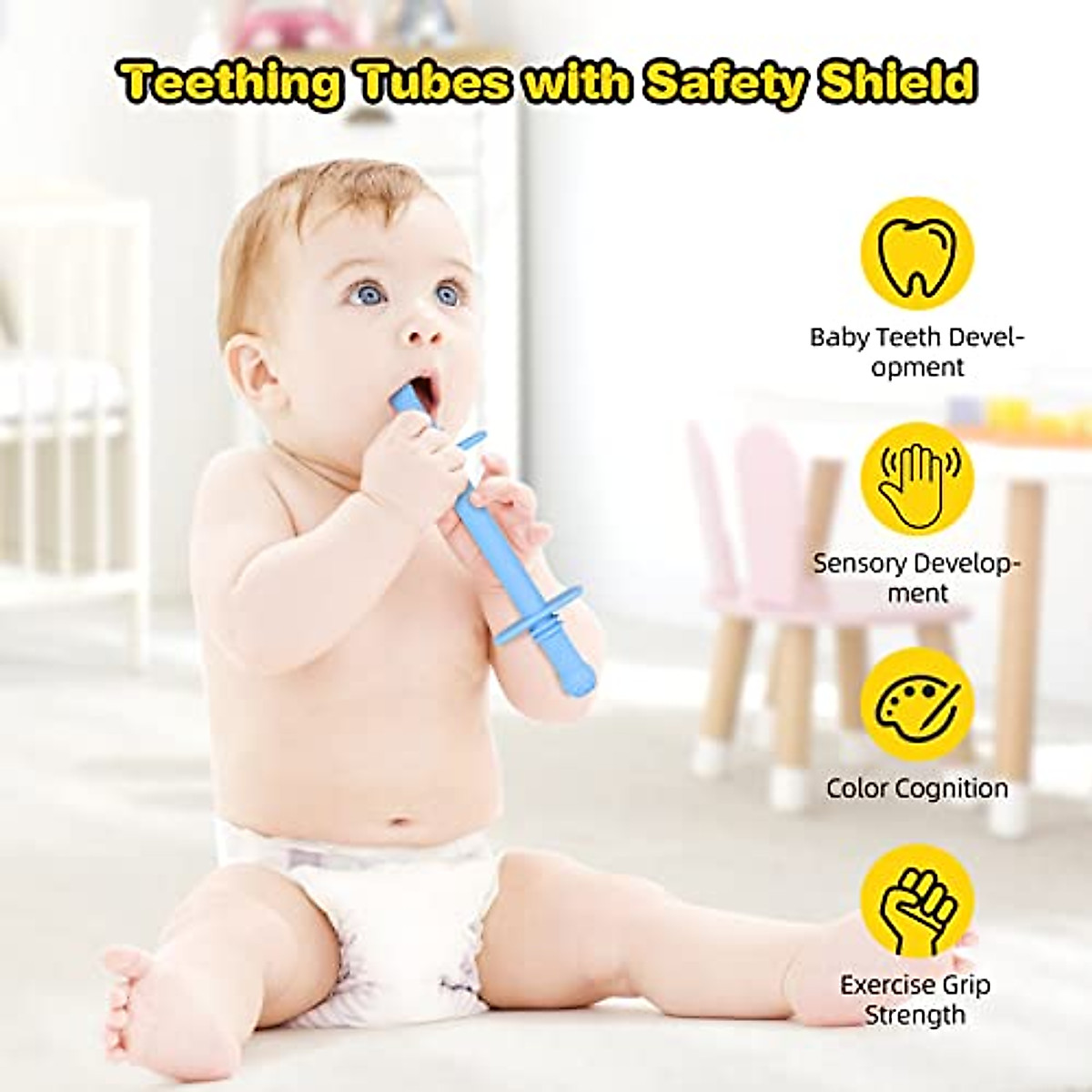 Fu Store Hollow Teether Tube Chew Straw Toy for Infant Toddlers Silicone Tubes Teething Toys for Babies 3-12 Months BPA Free/Freezable/Dishwasher and Refrigerator Safe (5 Pack)