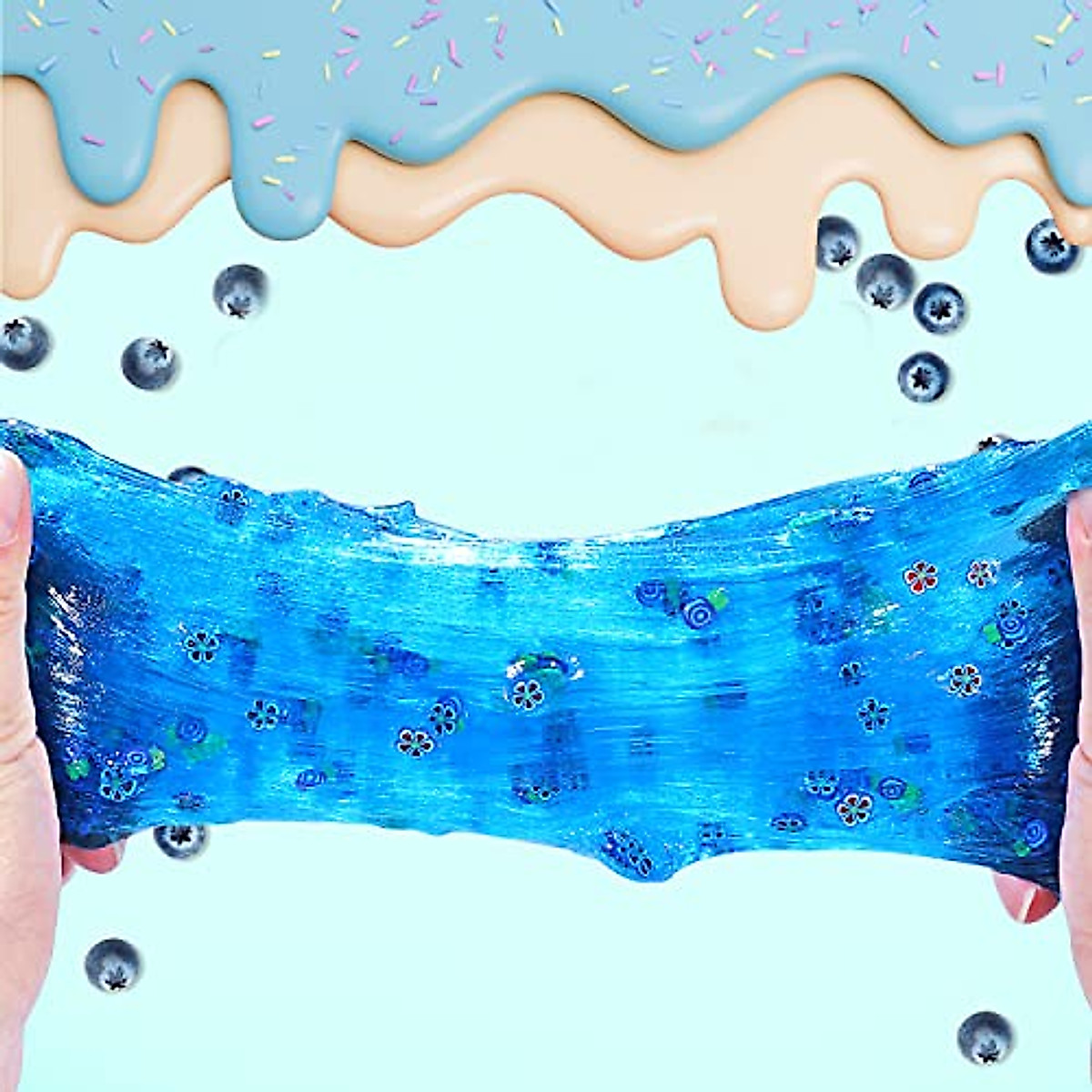 Premade Crystal Slime Blueberry Blue Jelly Cube Glimmer Crunchy Slime, Includes 6 Sets of Slime Add-ins, Party Favors for Kids, Sensory and Tactile Stimulation, Stress Relief, for Girls & Boys