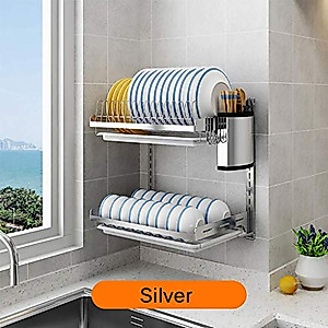 PLABCATNB Dish Storage Racks,Kitchen 201 Stainless Steel Wall-Mounted 2-Layer Dish Rack Drain Rack/Black/41.2 * 26.6 * 40.5Cm (Silver 41.2 * 26.6 * 40.5Cm)