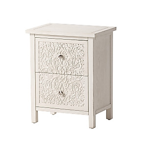 COZAYH Farmhouse Fully-Assembled Nightstand with 2-Drawer, Flower Motif End Table for Small Spaces, French Country, Modern, Distressed Finish, White-Washed