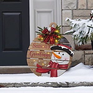 Glitzhome Lighted Outdoor Christmas Wooden Porch Sign with Timer 6 Hours On /18 Hours Off,12LED Lights Christmas Snowman Porch Sign for Outside Decor "Season's Greetings" with Display Leg & Hang Hole