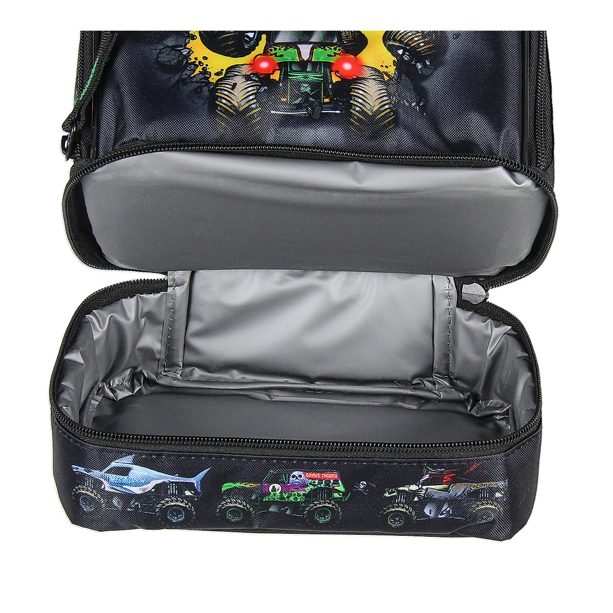 INTIMO Monster Jam Grave Digger Megalodon Pirate's Curse Dual Compartment Lunch Box Bag